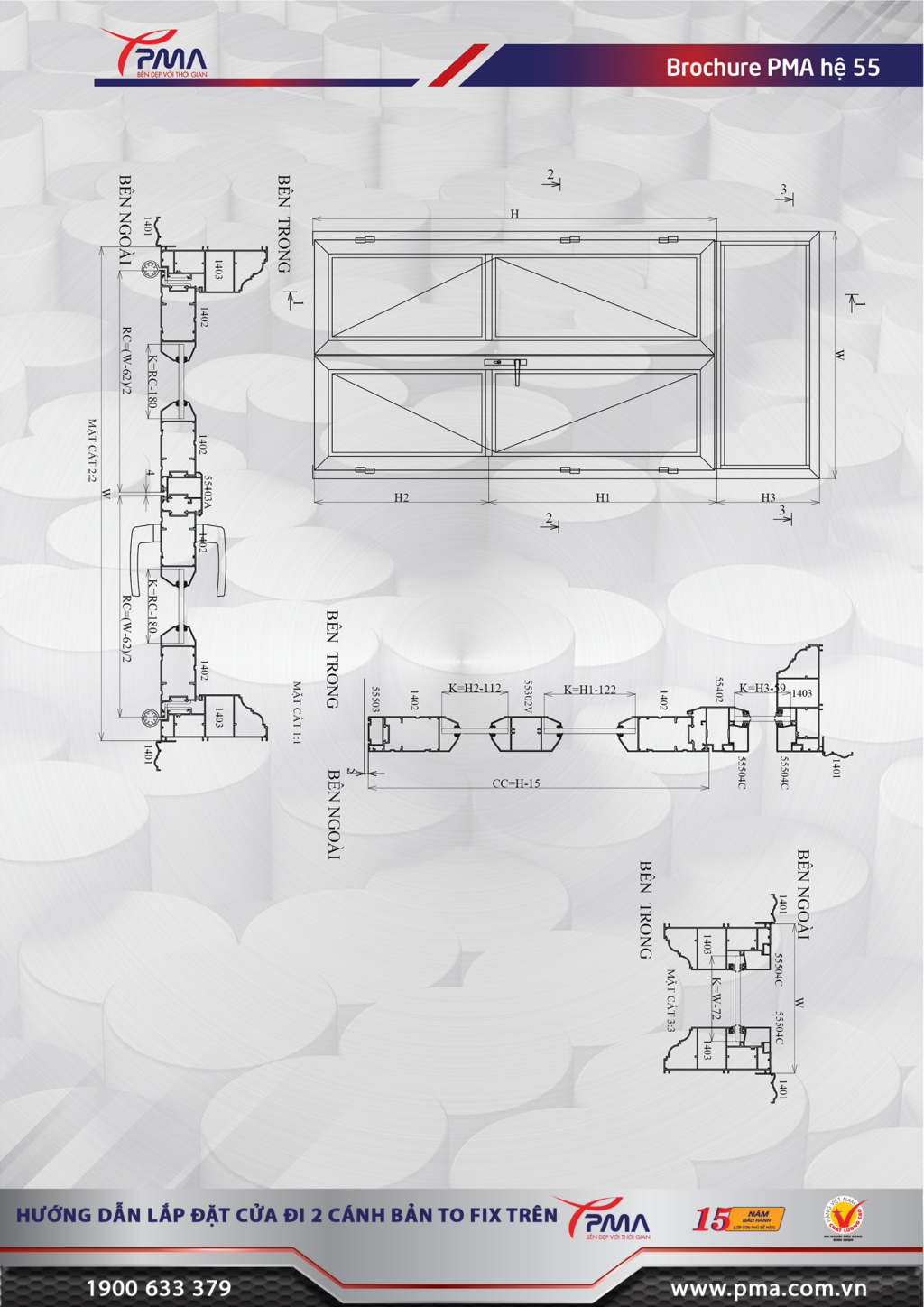 Cửa đi mở quay PMA hệ 55 Vát cạnh – Nhôm PMA