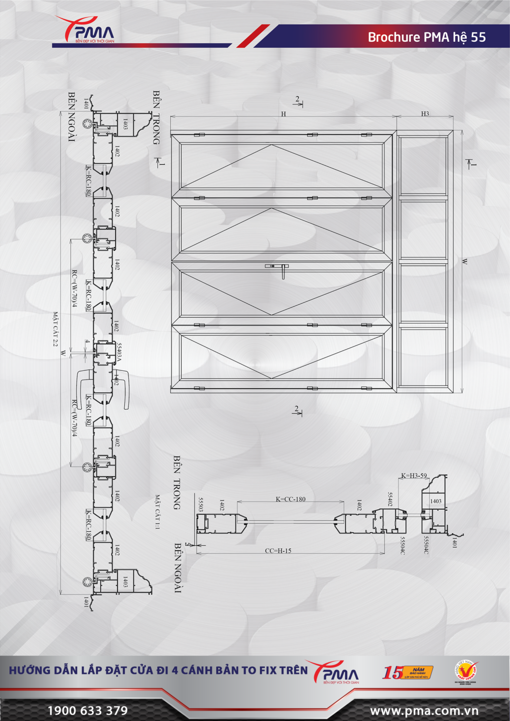 Cửa đi mở quay PMA hệ 55 Vát cạnh – Nhôm PMA