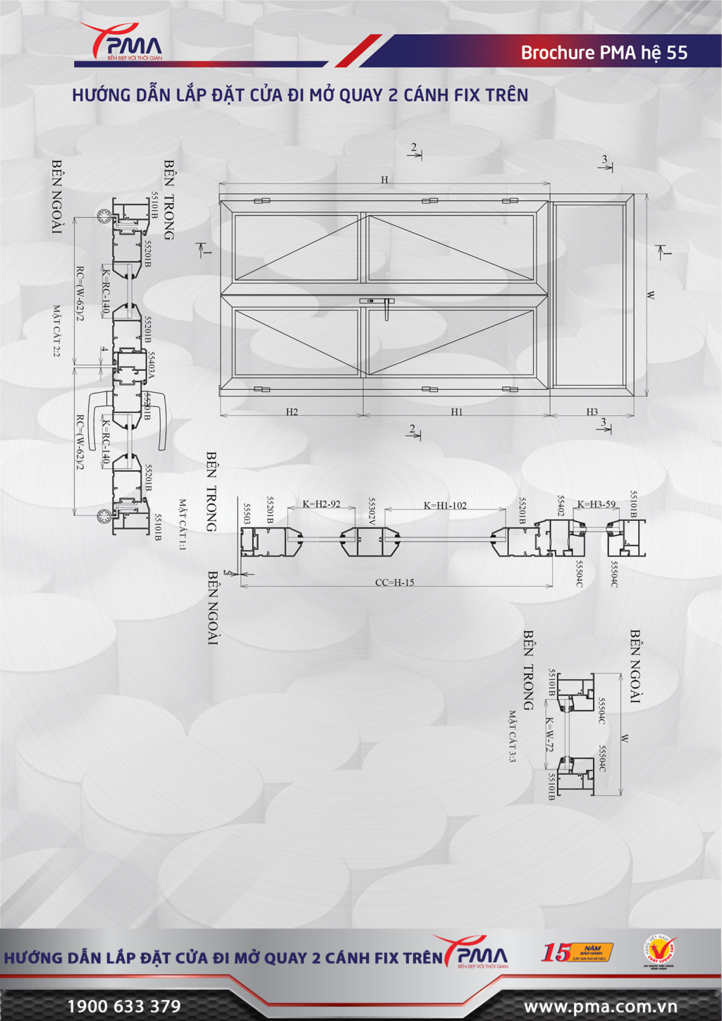 Cửa đi mở quay PMA hệ 55 Vát cạnh – Nhôm PMA